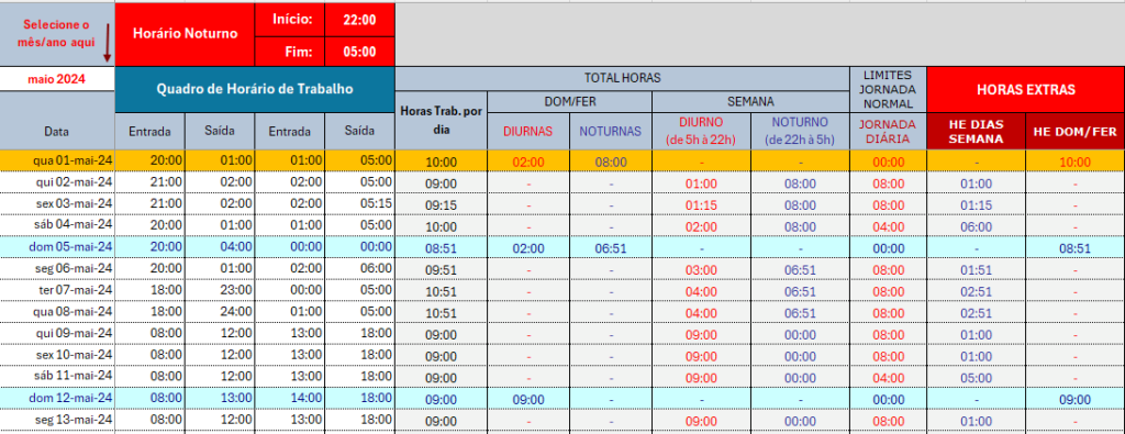 Planilhas para Apuração de Horas Extras e Adicional Noturno